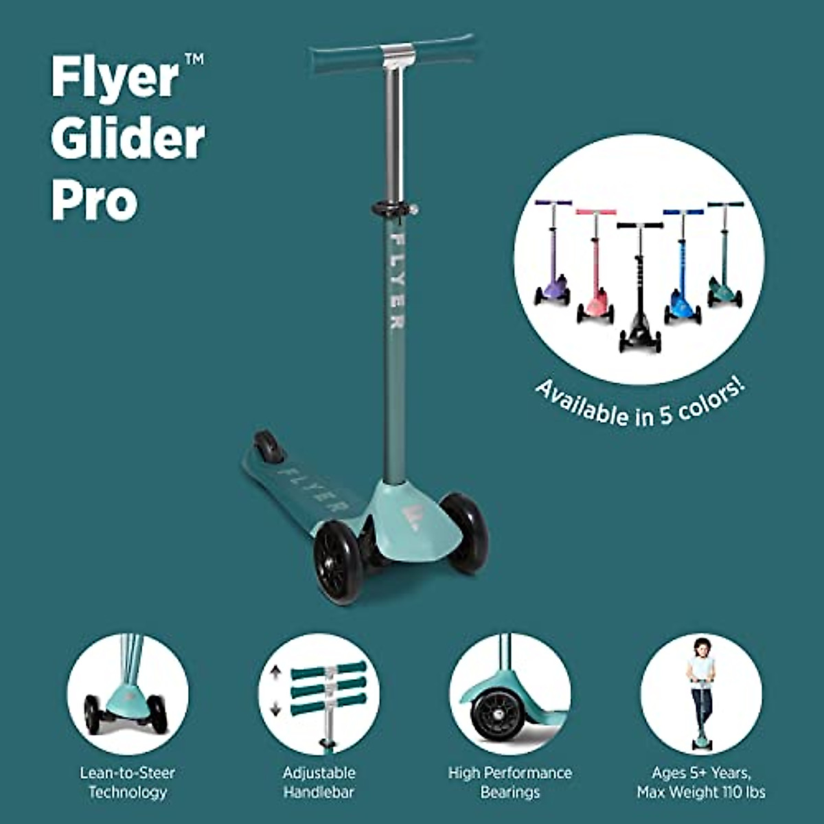 Flyer Glider Pro, Lean to Steer Kids Scooter, Teal, for Kids Ages 5+ Years