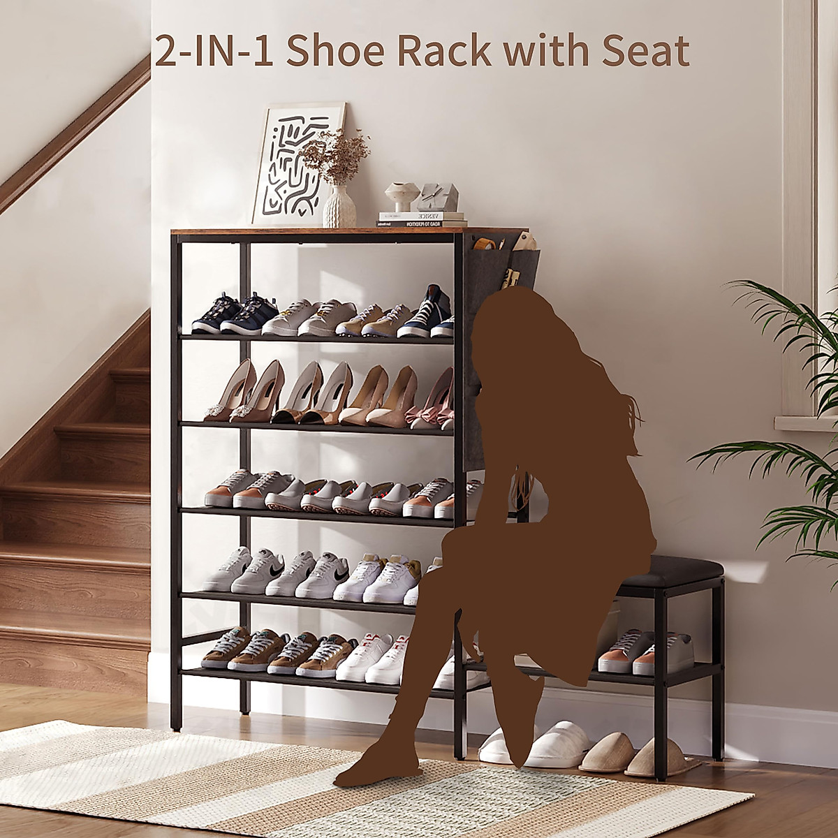 FURKO Shoe Rack with Seating Bench,Shoe Storage Organizer for Entryway,Large Capacity 6-Tier Shoe Shelf,Steel Frame Wood Top,for Closets, Hallway,47.6 * 11.8 * 43.8 Inches, Rustic Brown