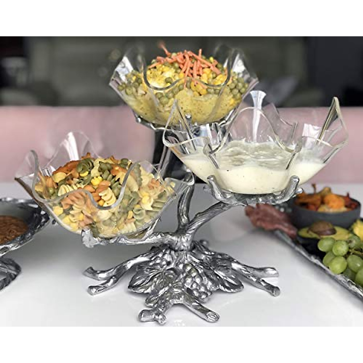 Arthur Court 3-Tiered Acrylic Bowl Stands Grape Pattern Sand Casted in Aluminum with Artisan Quality Hand Polished Tarnish Free Lightweight Serving Bowls 9.5 inch x 12 inch