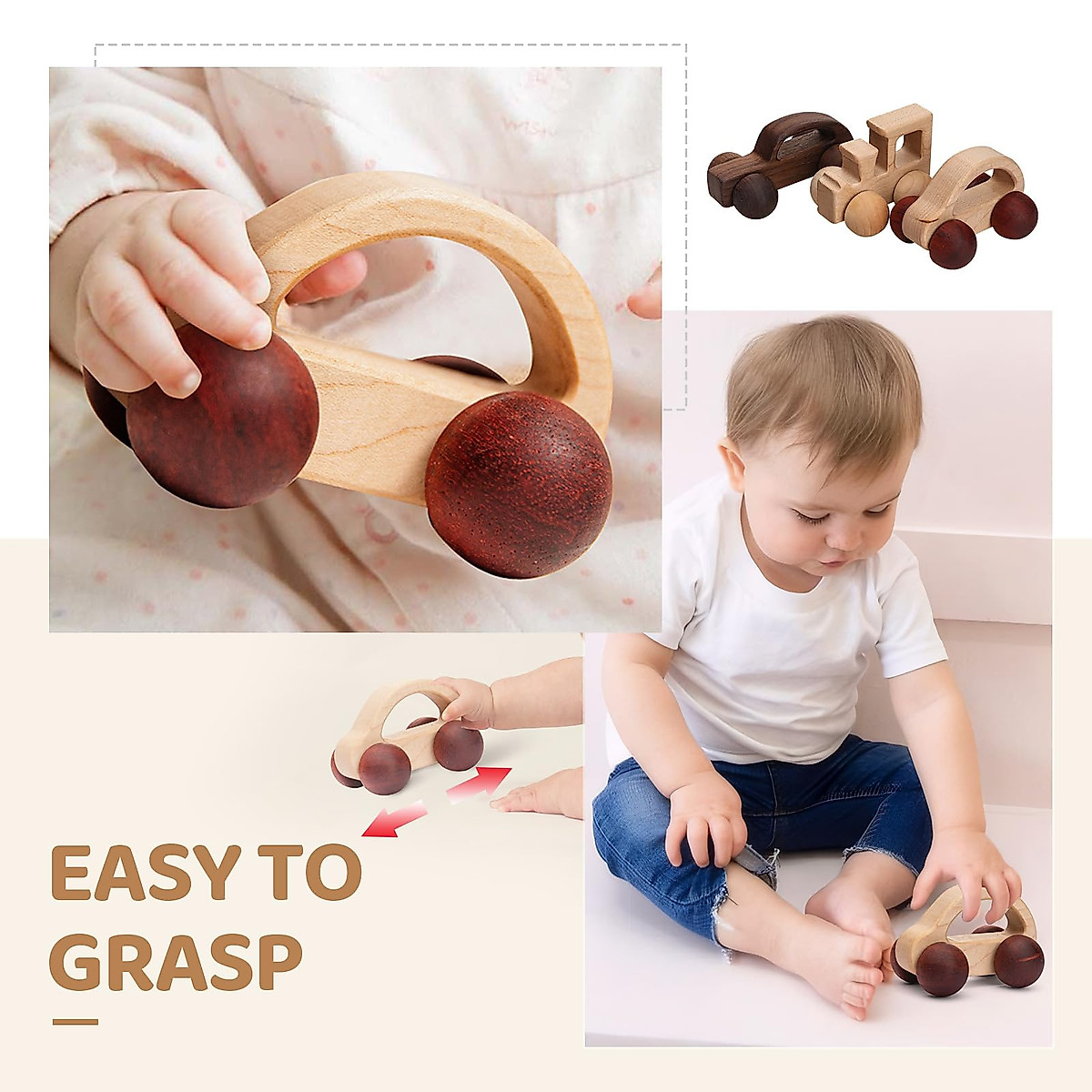 3PCS Wooden Baby Toys,Baby Grasping Toys Push Car Toys Montessori Toys Wooden Toy Vehicles,#3