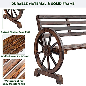 Mavalous Wagon Wheel Bench Outdoor, 2 Person Seat Rustic Wood Patio Benches with Backrest for Outdoor Brown
