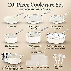 GOTHAM STEEL 20 Pc Ceramic Pots and Pans Set Non Stick, Kitchen Cookware Sets, Pot and Pan Set, Ceramic Cookware Set, Non Toxic Cookware Set, White Pots and Pan Set, Dishwasher Safe - Cream