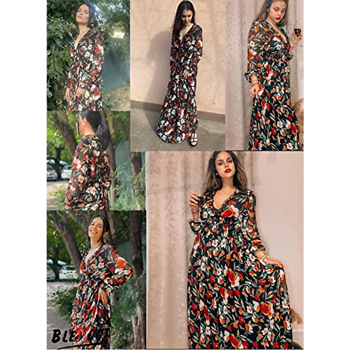 BLENCOT Women's Casual Boho Floral Printed Deep V Neck Loose Long Sleeve Long Evening Dress Ruched Cocktail Party Maxi Wedding Dress Black Medium