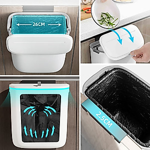 2.4 Gallon Hanging Trash Can with Lid for Kitchen Cabinet Door or Under Sink, Kitchen Wall Mounted Compost Bin, Small Garbage Can for Countertop, Bathroom