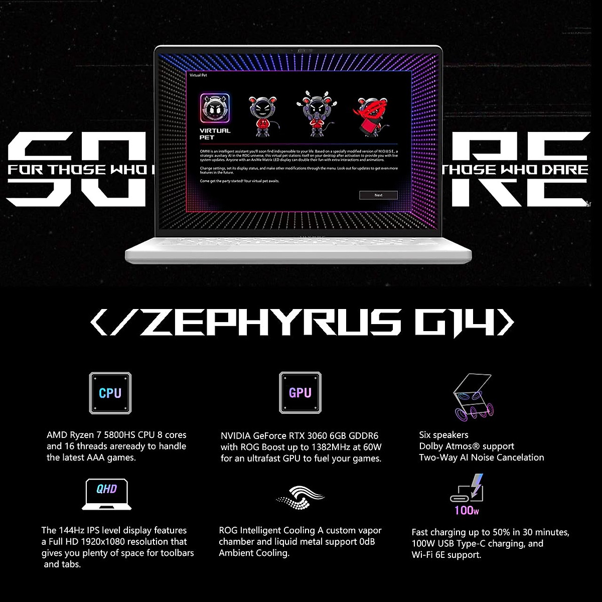 ASUS ROG Zephyrus 14 Gaming Laptop,14 inches FHD（1920x1080） 144Hz Display,16GB RAM,512GB SSD,AMD Ryzen 7 5800HS,NVIDIA GeForce RTX 3060,Backlit KB,Wi-Fi,HDMI,Win11,Moonlight White,W/GaLiMu