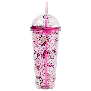 Silver Buffalo Sanrio Hello Kitty Pink Polka Dots and Bows Dome Glitter Top Travel Tumbler, 24 Ounces