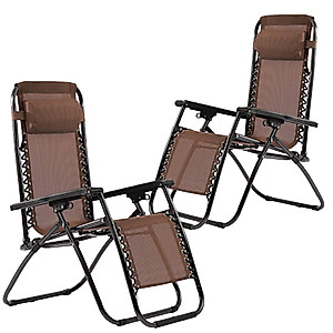 FDW Zero Gravity Chairs Set of 2 Lounge Patio Chairs Outdoor Yard Beach (Brown)