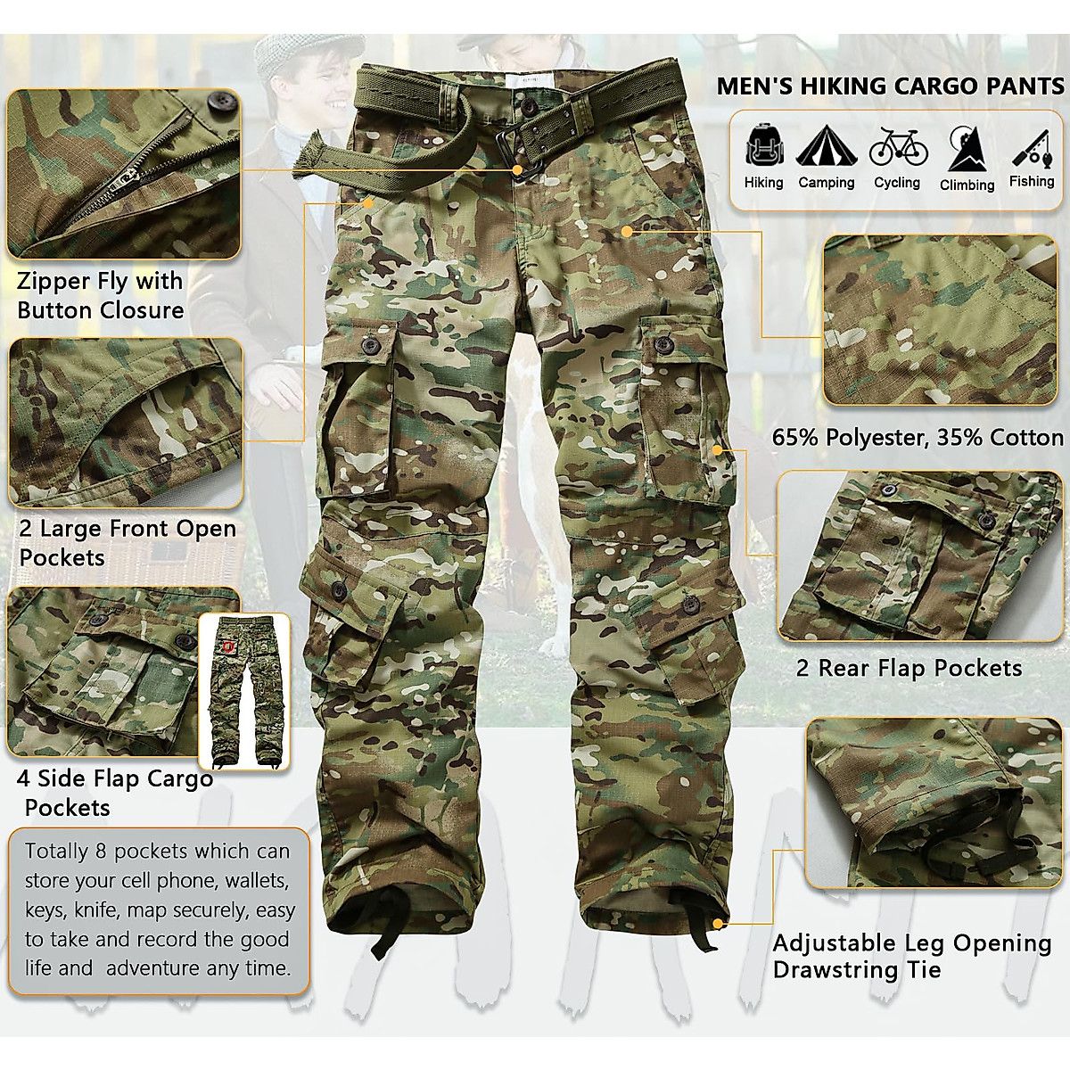 AKARMY Men's Lightweight Hiking Pants, Outdoor Quick Dry Ripstop Cargo Pants, Multi-Pocket Camo Casual Work Pants HY3355 CP Camo 36