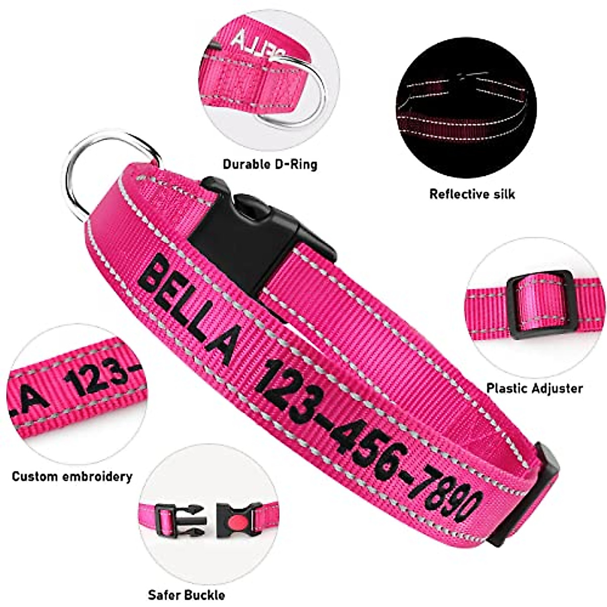 Personalized Dog Collar - Reflective Custom Embroidered with Pet Name and Phone Number for Boy and Girl Dogs, 4 Adjustable Sizes, XSmall,Small, Medium and Large