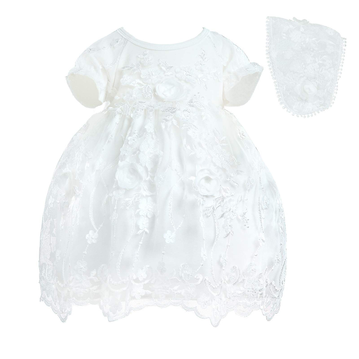 Baby Girls Lace Dress Christening Baptism Gowns Outfit with Bonnet for Party Wedding