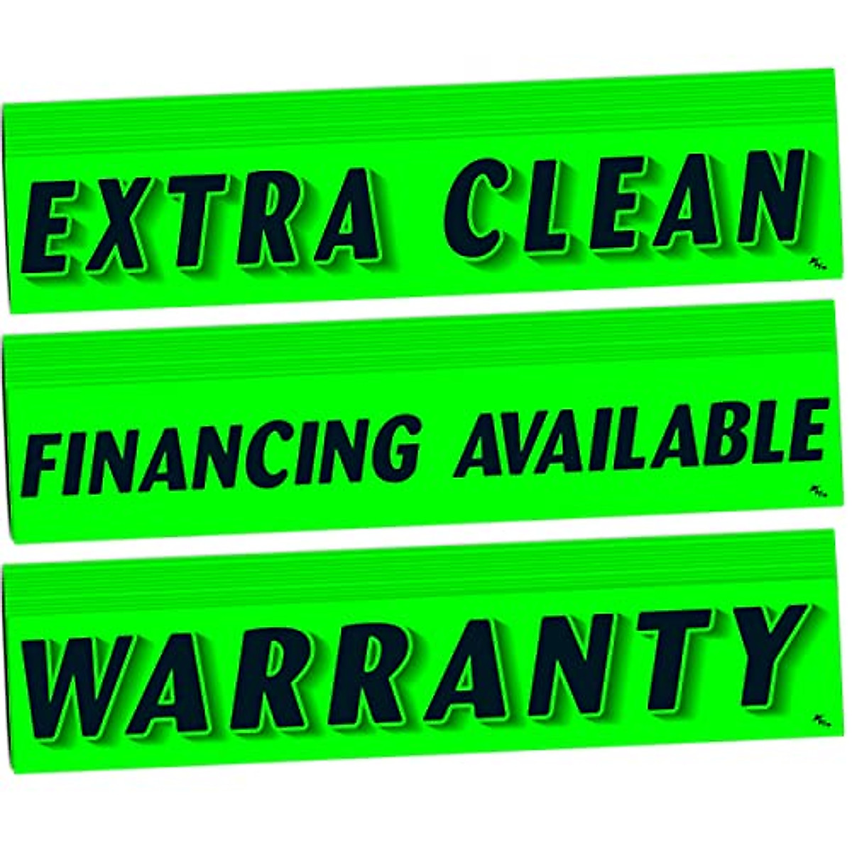 Versa Tags Windshield Slogan Stickers 12 Pack of Extra Clean Stickers 12 Pack of FINANCING Available Slogans 12 Pack of Warranty Window Stickers (36) Dealership Stickers Black On Green