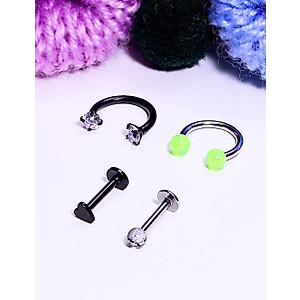 Prjndjw 16g Lip Rings Stainless Steel Horseshoe Labret Monroe Lip Rings Nail Tragus Helix Earrings Studs Ring Medusa Piercing Jewelry 8mm 40 Pcs Glow in the Dark Black