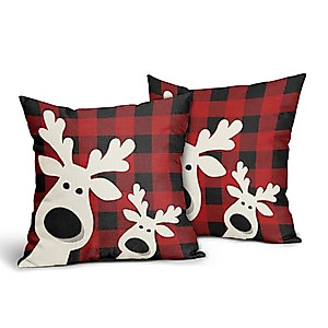 Deer Christmas Pillow Covers 16X16 Inch Xmas Reindeer Black Red Buffalo Plaid Checkered Couch Pillow Cases Set of 2 Winter Holiday Cotton Cushion Case Farmhouse Home Decor For Bed Sofa Couch Room