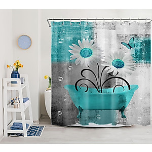 LB Rustic Teal Floral Shower Curtain for Bathroom, Country Daisy Flower and Butterfly Fabric Shower Curtain with Hooks, Geometric Grey and White Bathroom Curtain Shower Set, 72" W x 78" L