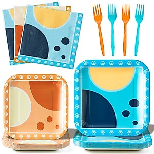 BOpusail 96Pcs Cartoon Blue and Orange Dot Party Tableware Set Disposable Dinnerware Paper Dessert Dinner Plates Napkins Plastic Forks Party Supplies for Kids Birthday Baby Shower Serves 24 Guests