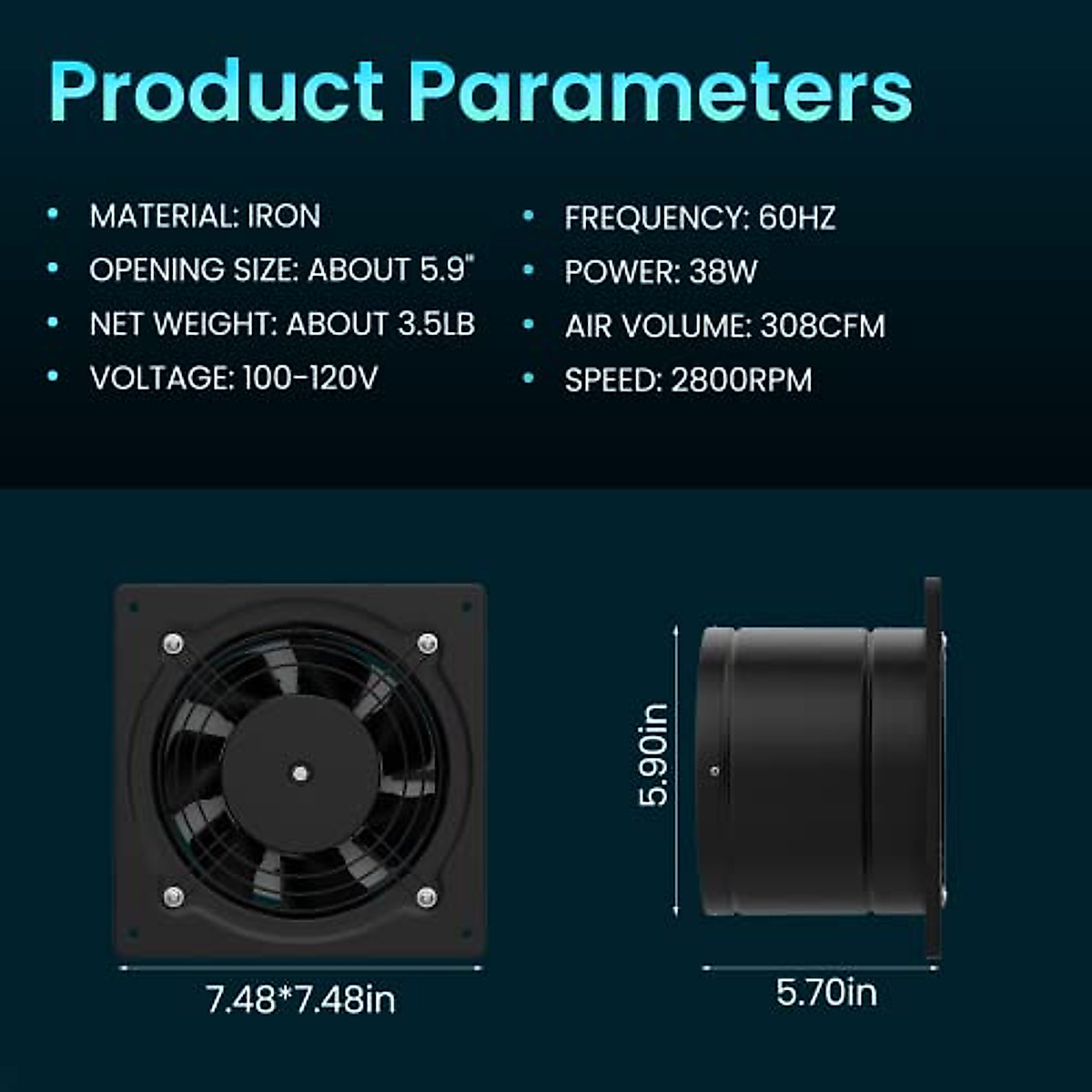 HG Power 6 Inch Exhaust Fan, 308CFM Wall Exhaust Fan for Kitchen, Bathroom, Metal Extractor Fan for Attic, Garage, Window Ventilation, HVAC System, Black
