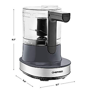 Chefman Electric 4-Cup Food Chopper Blender with Revolutionary Vertical Motion Auto-Chopping for Perfectly Even Mixing Results, Dishwasher-Safe Stainless Steel Dual Blades, BPA-Free Bowl & Lid, Grey