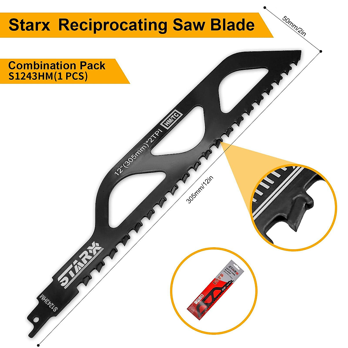 Starx 12" Masonry Reciprocating Saw Blade-2 TPI Demolition Masonry Tungsten Carbide Saw Blades for Cutting Red Brick, Lightweight Brick, Fiber Cement, Aerated Concrete, Porous Concrete, Cinder Block