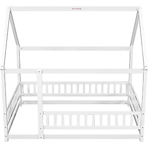 Harper & Bright Designs Full Size Floor Bed for Kids, Wood House Bed with Guardrails, Montessori Design, House-Shaped Roof, for Kids, Boys, Girls, No Spring Box Needed, White