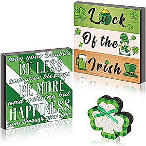 3 Pieces St. Patrick's Day Wood Decors Box Signs Irish Rustic Tabletop Decor Wood Block Plaque Shamrock Tiered Tray Decor May Your Blessings Luck of the Irish for St. Patrick Home Table Decorations