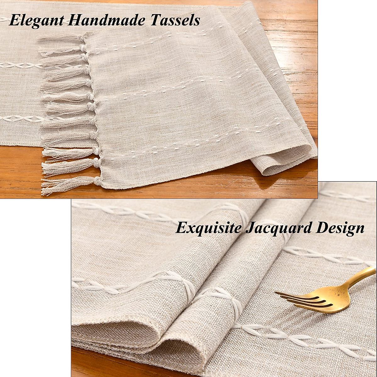 Wracra Rustic Linen Table Runner Farmhouse Style Table Runners 72 inches Long Embroidered Fall Table Runner with Hand-Tassels for Party, Dresser and Dining Room Decorations(Light Coffee, 13"×72")