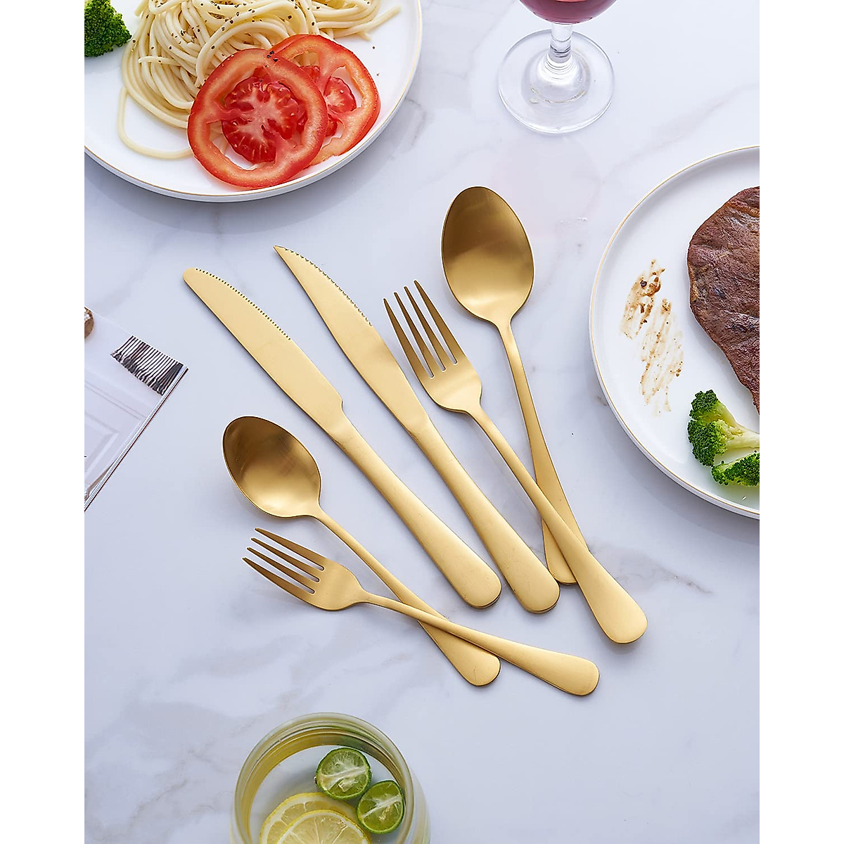 Joincook Matte Gold Silverware Set with Steak Knives,Stainless Steel Flatware Set,24 Pieces Set Cutlery Utensils Set Service for 4,Spoons and Forks Set, Dishwasher Safe