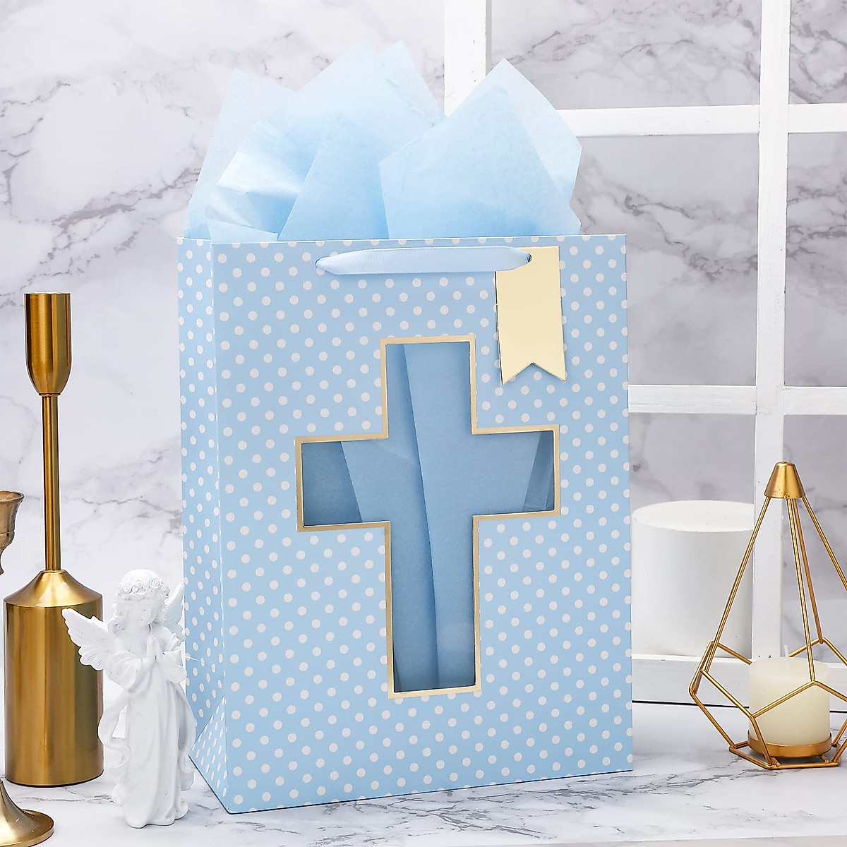 Loveinside Blue Gift Bag with Cross Design, Tissue Paper for Baby Boy Baptisms, Christenings, First Communions Religious Occasion- 10" x 5" x 13", 1 Pcs