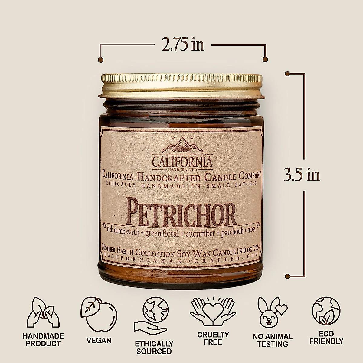 California Handcrafted Petrichor Scented Soy Wax Candle | Rich Damp Earth + Green Floral + Cucumber + Patchouli + Moss | 9 oz Jar
