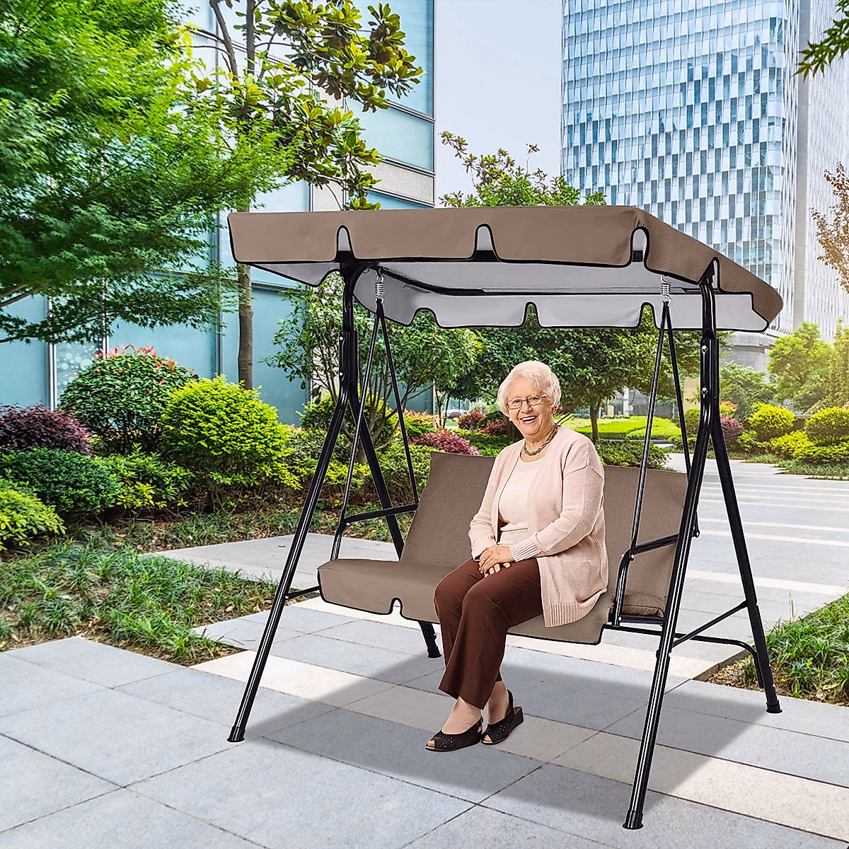 general3 Patio Waterproof Swing Canopy Cover Set, 2 Seats Top Cover+ Swing Cushion Cover, Courtyard Swing Chair Seat Pads Cover Replacement Outdoor Sunscreen Protection Cover (Coffee, 64.5x45 x6'')