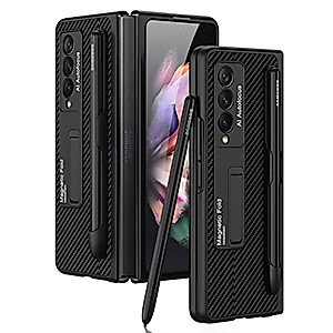 KumWum Phone Case for Samsung Galaxy Z Fold 3 5G Ultra-Thin Back Cover Protection Shockproof Bumper with S Pen Holder & Kickstand - Carbon Fiber