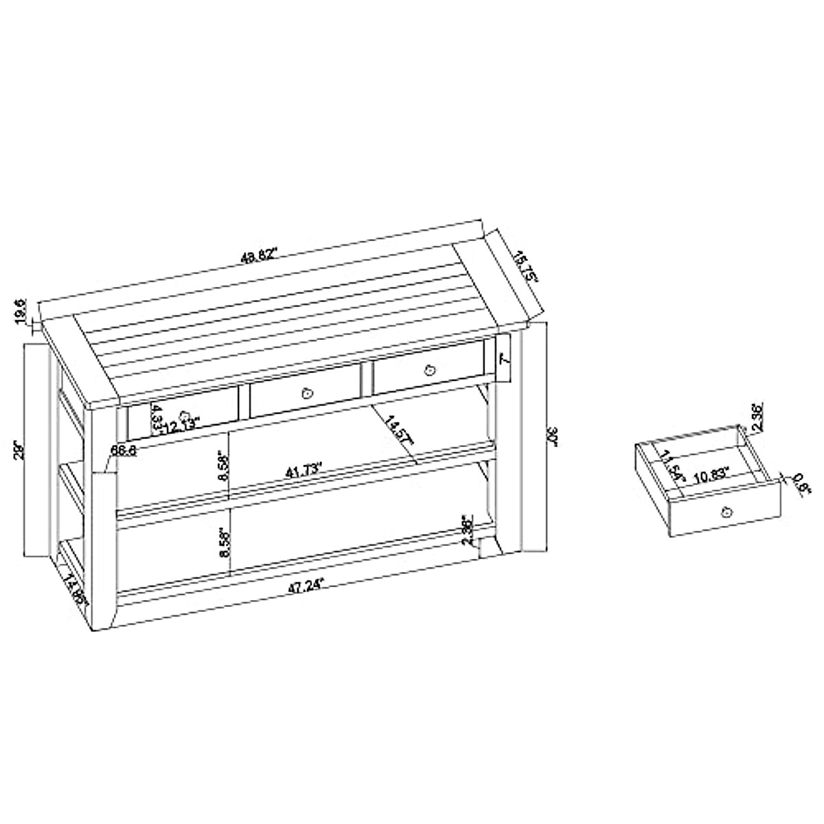 HomSof Console Table 48'' Solid Wood Modern Entryway Sofa Side Table with 3 Storage Drawers and 2 Shelves Blue