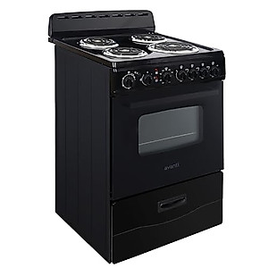 Avanti ERU240P1B Electric Range Oven Compact Design, 2.6-Cu.Ft. Capacity with 4 Coil Burners, Framed Glass Door, Storage Drawer and Broiler with Pan Perfect for Apartment RV Tiny Home, 24-Inch, Black