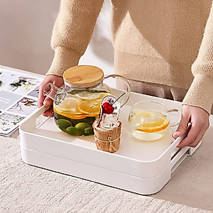 Alacati, White Serving Tray with Handles for Multipurpose, Stackable Rectangle Plastic Serving Platter Ottoman Coffee Table Tray, Decorative Tray for Kitchen Counter Bathroom Vanity Organizing -（L）