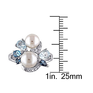 White Freshwater Cultured Pearl with London, Swiss and Sky Blue Topaz and Created White Sapphire Ring In Sterling Silver