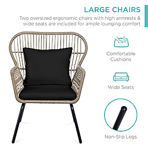Best Choice Products 3-Piece Patio Conversation Bistro Set, Outdoor All-Weather Wicker Furniture for Porch, Backyard w/ 2 Wide Ergonomic Chairs, Cushions, Glass Top Side Table - Natural/Black