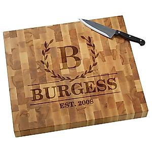 Personalization Universe Laurel Wreath Personalized Butcher Block Cutting Board, Custom Engraved Wood Cutting Board for Kitchen, First Home, House 16x18x1.75" - Made in USA