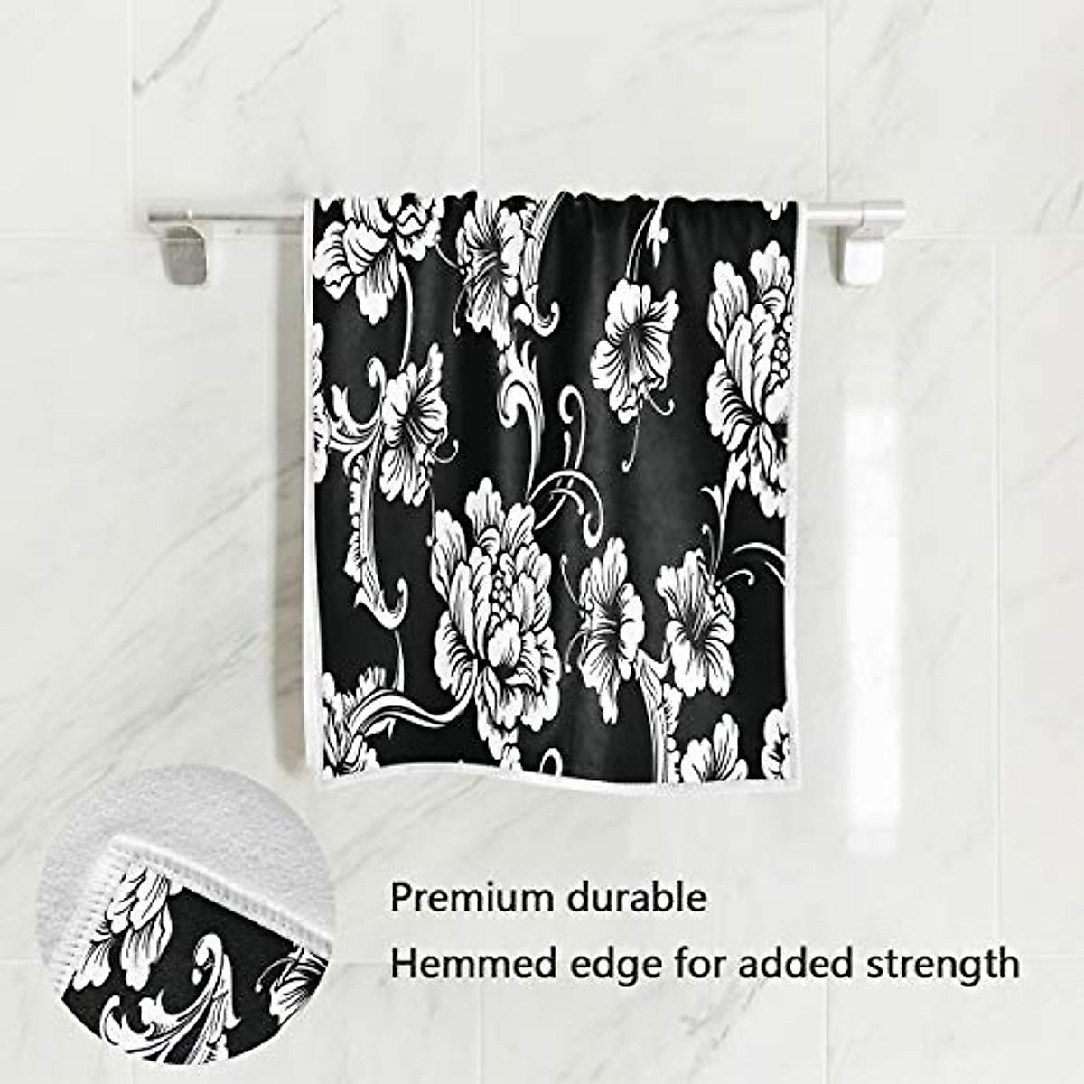 MCHIVER Hand Towels for Bathroom Cotton - White Floral Black Background Bath Towels Washcloths Soft Highly Absorbent Towels for Pool 15 x 30 inches