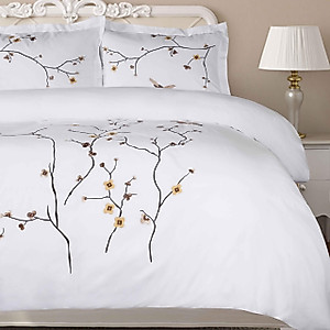 BLUENILEMILLS Egyptian Cotton Embroidered Duvet Cover Set, 200-Thread Count, Duvet Cover and Pillow Shams, Spring Floral and Nature, Sateen Weave, Breathable, King/Cal King, Blossom, 3-Pieces