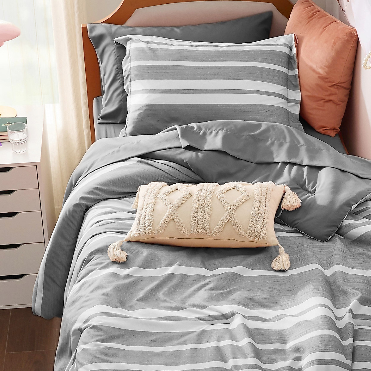 Bedsure Twin Comforter Set 5 Pieces, Grey Striped Bedding Set for Twin Size Bed Reversible, Cationic Dyeing Bed in a Bag with Comforter, Sheets, Pillowcase & Sham