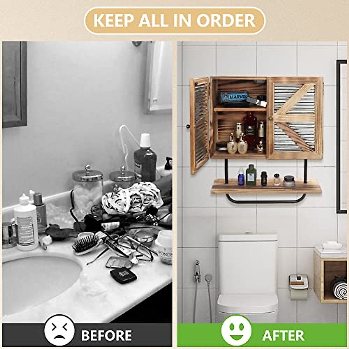 Butizone Barndoor Bathroom Wall Cabinet, 17x21'' Small Wall Mount Medicine Storage Cabinet, Rustic Bathroom Wall Cabinet Over Toilet with Shelve and Towel Bar