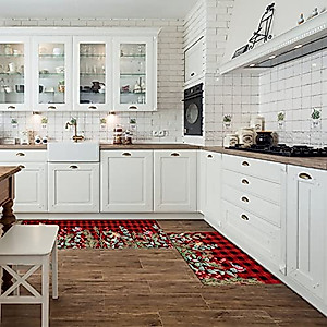 Kitchen Mat Rug Set of 2 Christmas Winter Eucalyptus Plants Red Black Buffalo Plaid Runner Rug Anti-Fatigue Comfort Memory Foam Standing Mat Non-Slip Floor Door Mat for Bedroom 18x30in+18x48in