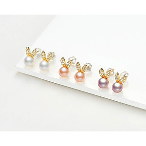 Pearl Stud Earrings,Freshwater Cultured Pearl Cubic Zirconia Rabbit Bunny Earrings Hypoallergenic Anniversary Birthday Mother Day Jewelry Gifts for Women(Size:6-7mm)