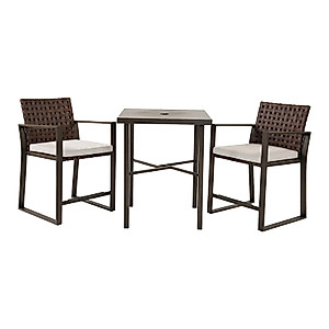 Grand patio 3-Piece Outdoor Counter Height Bar Set with Wood Grain Texture Leather-Look Wicker Bar Set with Market Umbrella Hole Furniture for Patio, Balcony, Garden - Brown