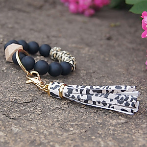 BAOSIWA Women Silicone Bracelet Keychain Wristlet Beaded Key Ring Leopard Bangle Chains with Leather Tassel