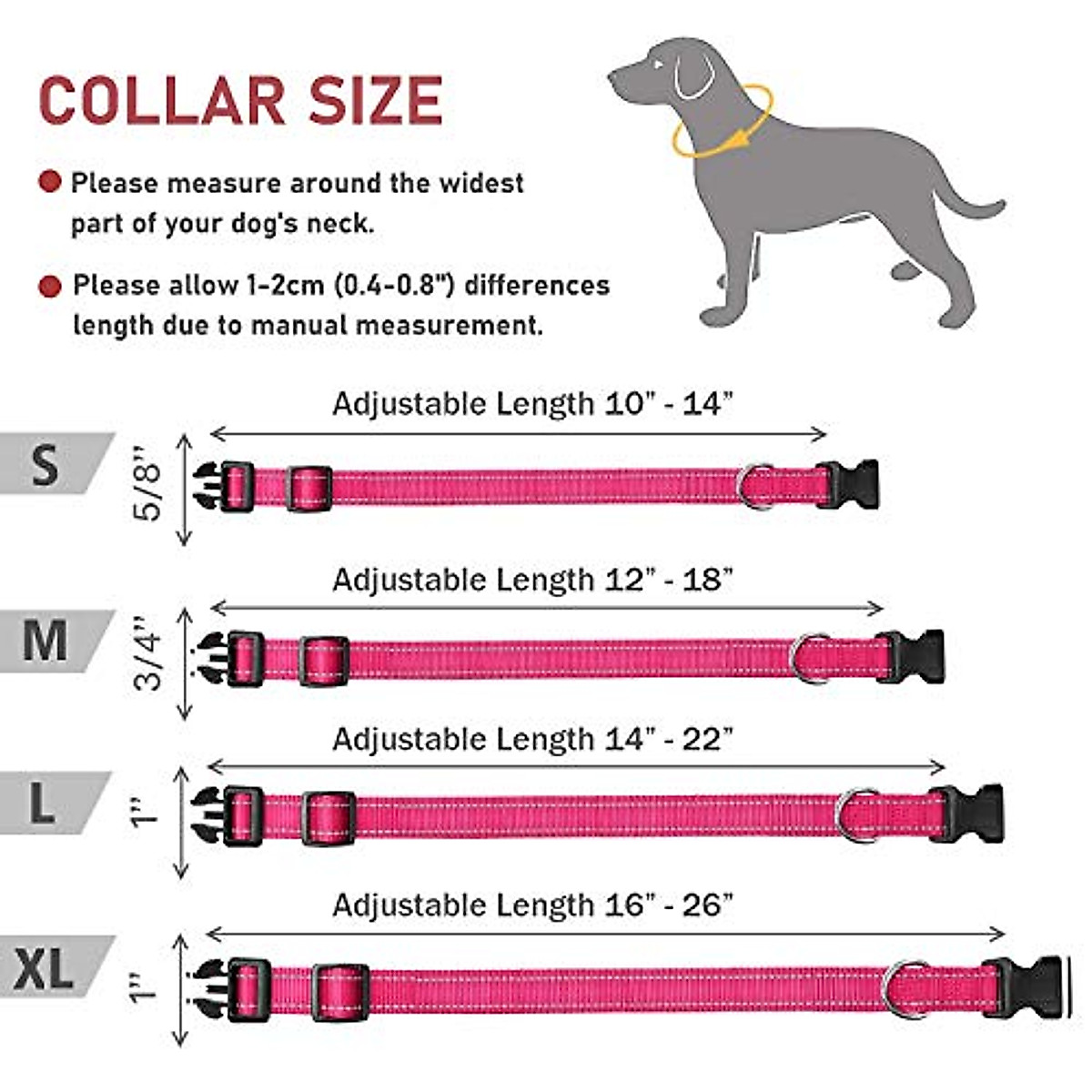 Reflective Dog Collar with Buckle Adjustable Safety Nylon Collars for Small Medium Large Dogs, Hotpink S