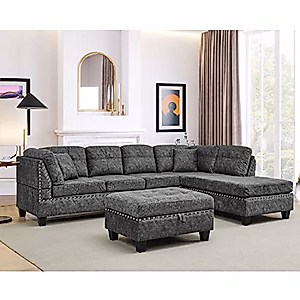 UBGO Furniture, L-Shape Set,Modern Upholstered Living Room Sectional Reversible Chaise,Couches Sofas for Large Space Dorm Apartment-Gray