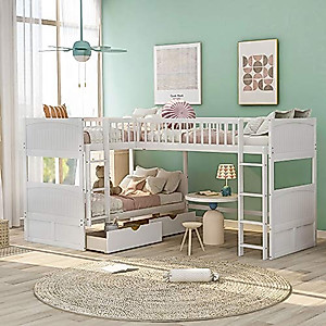 BOVZA Twin Over Twin L-Shaped Triple Bunk Beds with 2 Storage Drawers and 2 Ladders, Wood Bunk Beds with a Loft Attached for 3 Kids Teens, White