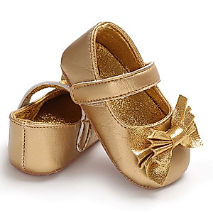 BABITINA Baby Girl Shoes Mary Jane Flats with Bowknot Non-Slip Toddler First Walkers Infant Dress Shoes(6-12 Months M US Infant,A-Gold)