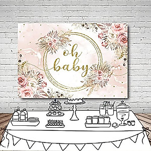 MEHOFOND 7x5ft Oh Baby Backdrop for Girls Baby Shower Boho Pampas Blush Pink Floral Background Newborn Portrait Gold Glitter Sequins Dots Leaves Decorations Newborn Studio Photo Props