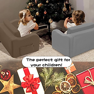 MeMoreCool Fold Out Kids Couch Toddler Chair, Comfy Baby Sofa Kid Lounge Chair for Toddlers 1-4, Convertible Child Recliner Foldable Children Couch Bed, Pull Out Chair for Boy Girl, Grey